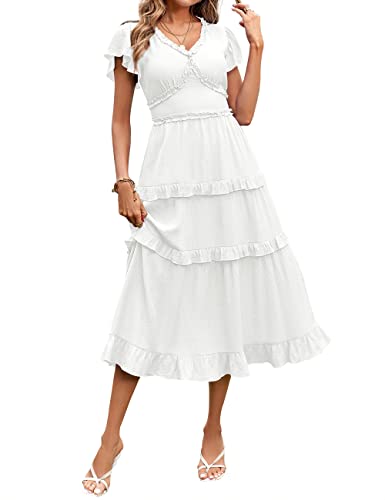 MEROKEETY Womens Summer Casual V Neck Ruffle Sleeve High Waist Smocked Flowy Midi Dress, White, M