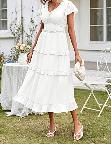 MEROKEETY Womens Summer Casual V Neck Ruffle Sleeve High Waist Smocked Flowy Midi Dress, White, M