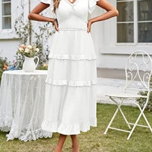 MEROKEETY Womens Summer Casual V Neck Ruffle Sleeve High Waist Smocked Flowy Midi Dress, White, M