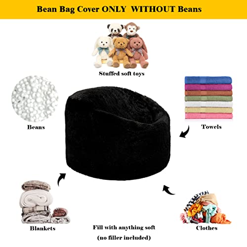 Bean Bag Chairs Cover (No Filler) Soft Washable Plush Fiber Adult Beanbag Chair Fuzzy Fur Cover Without Filling (Solid Black Bean Bag Cover)