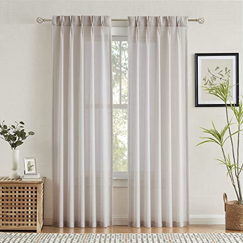 Enactex Linen Textured 84 Inch Pinch Pleat Light Filtering Curtains for Living Room, Semi Sheer Farmhouse Privacy Back Tab Window Treatments for Bedroom 2 Panels, Natural