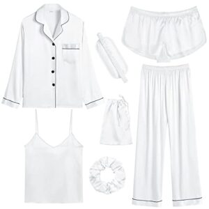 swomog women's 7 pcs silk satin pajamas set long sleeve button down sleepwear cami shorts pjs set with eye mask (as1, alpha, x_l, regular, regular, white)