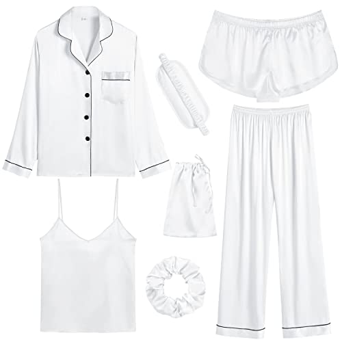 SWOMOG Women's 7 Pcs Silk Satin Pajamas Set Long Sleeve Button Down Sleepwear Cami Shorts Pjs Set with Eye Mask (as1, alpha, x_l, regular, regular, White)