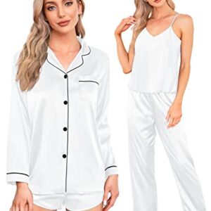 SWOMOG Women's 7 Pcs Silk Satin Pajamas Set Long Sleeve Button Down Sleepwear Cami Shorts Pjs Set with Eye Mask (as1, alpha, x_l, regular, regular, White)