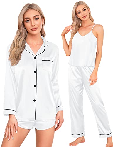 SWOMOG Women's 7 Pcs Silk Satin Pajamas Set Long Sleeve Button Down Sleepwear Cami Shorts Pjs Set with Eye Mask (as1, alpha, x_l, regular, regular, White)