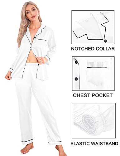 SWOMOG Women's 7 Pcs Silk Satin Pajamas Set Long Sleeve Button Down Sleepwear Cami Shorts Pjs Set with Eye Mask (as1, alpha, x_l, regular, regular, White)