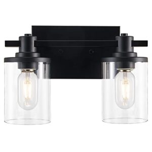 2 Light Bathroom Vanity Light, Modern Matte Black Bathroom Vanity Light Fixtures with Clear Glass Shade, Vintage Wall Sconces Lighting, Modern Bath Wall Mounted Lights for Bathroom Over Mirror