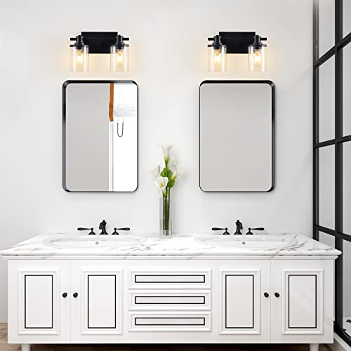 2 Light Bathroom Vanity Light, Modern Matte Black Bathroom Vanity Light Fixtures with Clear Glass Shade, Vintage Wall Sconces Lighting, Modern Bath Wall Mounted Lights for Bathroom Over Mirror