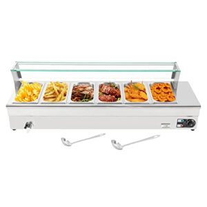 countertop food warmer stainless steel buffet pan soup warmer with glass cover electric food steam table server table for catering restaurants parties, 6 pans,1.2kw,110v (style 1)