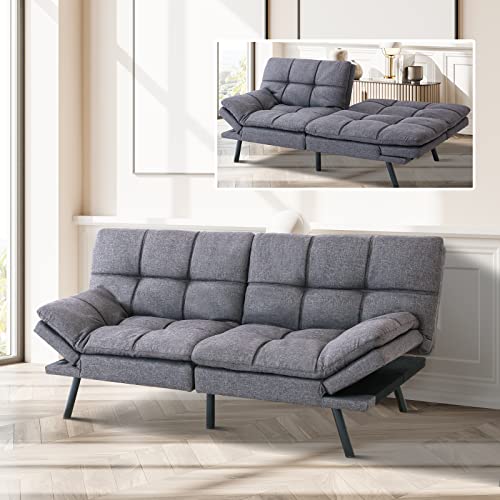 Opoiar Sofa Bed Couch Memory Foam Futon Bed Faux Leather Loveseat Sofa Convertible Modern Futon Couch Small Sleeper Sofa with Arm Rest, Metal Legs, Grey Futon Sofa Bed for Small Space