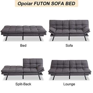 Opoiar Sofa Bed Couch Memory Foam Futon Bed Faux Leather Loveseat Sofa Convertible Modern Futon Couch Small Sleeper Sofa with Arm Rest, Metal Legs, Grey Futon Sofa Bed for Small Space