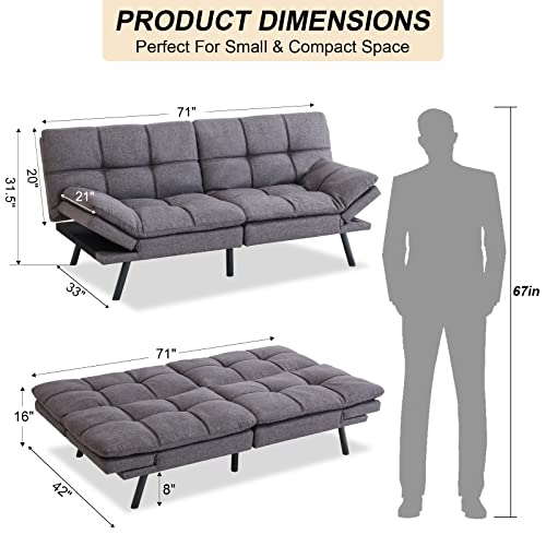 Opoiar Sofa Bed Couch Memory Foam Futon Bed Faux Leather Loveseat Sofa Convertible Modern Futon Couch Small Sleeper Sofa with Arm Rest, Metal Legs, Grey Futon Sofa Bed for Small Space