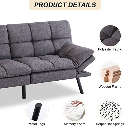 Opoiar Sofa Bed Couch Memory Foam Futon Bed Faux Leather Loveseat Sofa Convertible Modern Futon Couch Small Sleeper Sofa with Arm Rest, Metal Legs, Grey Futon Sofa Bed for Small Space