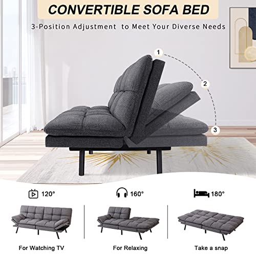 Opoiar Sofa Bed Couch Memory Foam Futon Bed Faux Leather Loveseat Sofa Convertible Modern Futon Couch Small Sleeper Sofa with Arm Rest, Metal Legs, Grey Futon Sofa Bed for Small Space