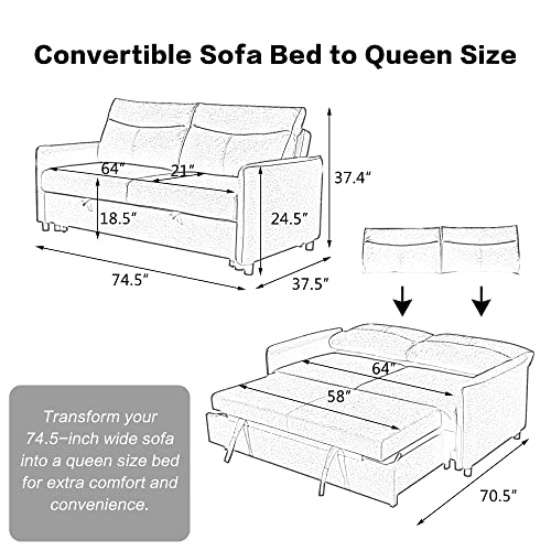 THSUPER 75-Inch Queen Size Convertible Sleeper Sofa Bed, Comfortable Pull-Out Futon Loveseat, Full Love Seat for RV Small Spaces, Hide-A-Bed Fold Out Couch - Grey