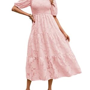 MEROKEETY Summer Dress for Women Elegant Smocked Short Puff Sleeve Floral Solid Midi Maxi Dresses,Pink,S