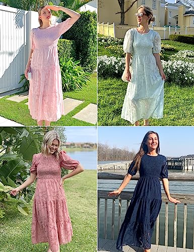 MEROKEETY Summer Dress for Women Elegant Smocked Short Puff Sleeve Floral Solid Midi Maxi Dresses,Pink,S