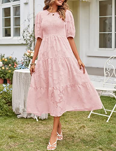 MEROKEETY Summer Dress for Women Elegant Smocked Short Puff Sleeve Floral Solid Midi Maxi Dresses,Pink,S