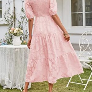 MEROKEETY Summer Dress for Women Elegant Smocked Short Puff Sleeve Floral Solid Midi Maxi Dresses,Pink,S