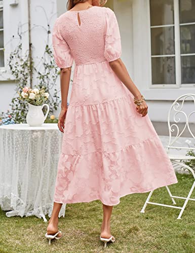 MEROKEETY Summer Dress for Women Elegant Smocked Short Puff Sleeve Floral Solid Midi Maxi Dresses,Pink,S