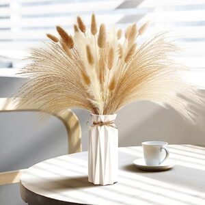 wemk pampas grass with vase included, 90pcs dried pampas grass decor, natural dried pampas grass, fluffy pampas grasses for home decor wedding boho decor