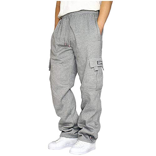 Men's Heavyweight Cargo Fleece Sweatpants Stretch Elastic Waist Jogger Sport Pants Drawstring Sports Trousers Grey