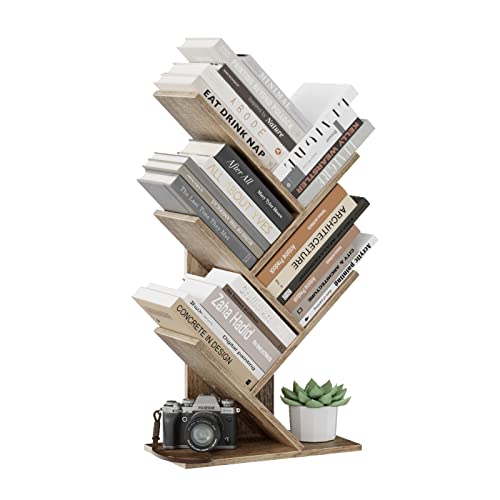 ZRWD Tree Bookshelf, 4-Tier Book Storage Organizer Shelves Floor Standing Bookcase, Wood Storage Rack for Office Home School Shelf Display for Cd/Magazine（French Oak Grey）