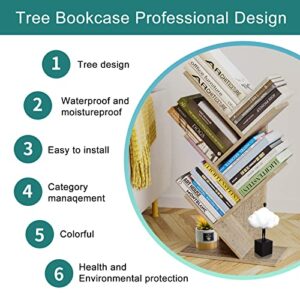 ZRWD Tree Bookshelf, 4-Tier Book Storage Organizer Shelves Floor Standing Bookcase, Wood Storage Rack for Office Home School Shelf Display for Cd/Magazine（French Oak Grey）