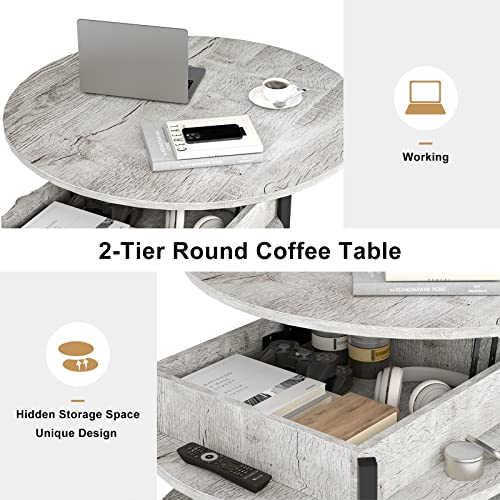 FABATO Round Lift Top Coffee Table, 33.45’’ Circle Coffee Table with Storage for Living Room Reception Room, Farmhouse 2 Tier Large Round Dining Table, Wood