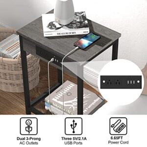 Nightstand with Charging Station Bedroom End Side Table with USB Ports and outlets Modern Record Player Stand 2-Tier Bedside Table for Living Room Farmhouse Furniture, Dark Grey