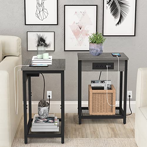 Nightstand with Charging Station Bedroom End Side Table with USB Ports and outlets Modern Record Player Stand 2-Tier Bedside Table for Living Room Farmhouse Furniture, Dark Grey