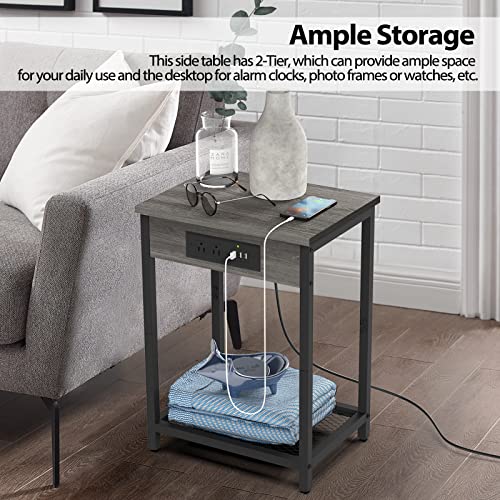 Nightstand with Charging Station Bedroom End Side Table with USB Ports and outlets Modern Record Player Stand 2-Tier Bedside Table for Living Room Farmhouse Furniture, Dark Grey