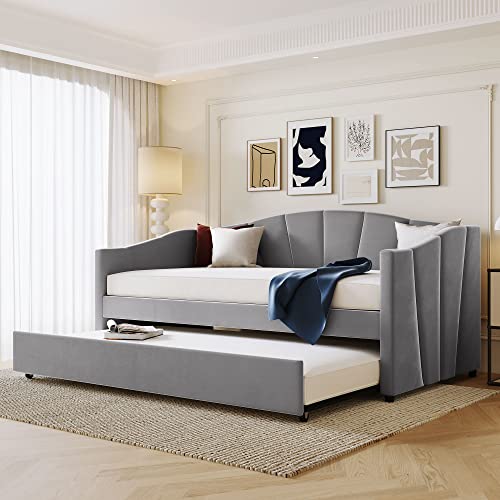 Merax Upholstered Twin Size Daybed Sofa Bed with Trundle Bed and Wood Slats, Gray