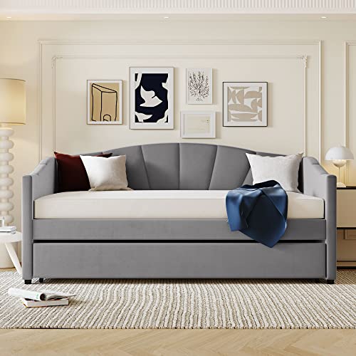 Merax Upholstered Twin Size Daybed Sofa Bed with Trundle Bed and Wood Slats, Gray