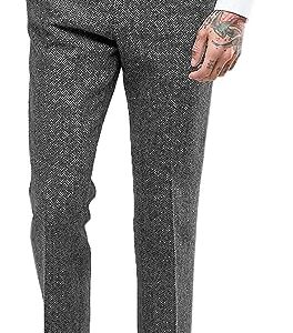 Mens Vintage Tweed Dress Pants Herringbone Pattern Trousers Regular Fit Business Suit Pants(Grey,34W32L)