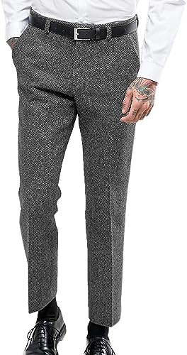 Mens Vintage Tweed Dress Pants Herringbone Pattern Trousers Regular Fit Business Suit Pants(Grey,34W32L)