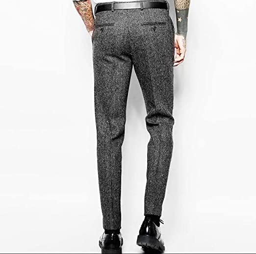 Mens Vintage Tweed Dress Pants Herringbone Pattern Trousers Regular Fit Business Suit Pants(Grey,34W32L)