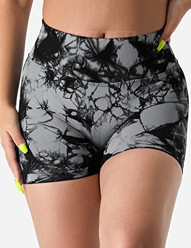 YEOREO Professional Tie Dye Seamless Biker Shorts for Women 3.6" Booty Scrunch Workout Shorts High Waisted Gym Yoga Shorts Black S