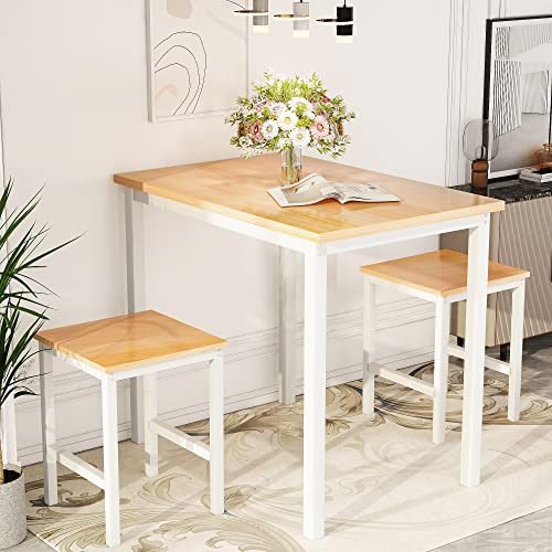 Recaceik 3 Piece Dining Table Set for 2, Space Saving Kitchen Table Set with 2 Stools, Metal Frame and MDF Board Dinette Table and Chairs, Dining Room Table Set for Kitchen, Small Space, Walnut