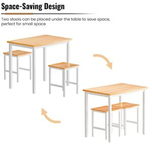 Recaceik 3 Piece Dining Table Set for 2, Space Saving Kitchen Table Set with 2 Stools, Metal Frame and MDF Board Dinette Table and Chairs, Dining Room Table Set for Kitchen, Small Space, Walnut