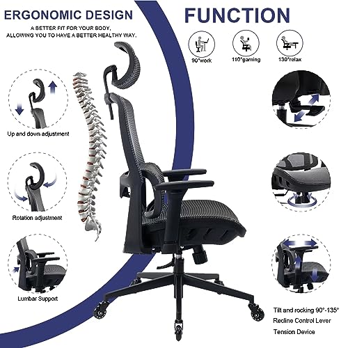 resiova Office Chair Ergonomic Computer Chair,High Back Mesh Chairs,Computer Chair with Lumbar Support and Retractable Armrests,Swivel Mesh Office Chair for Home Office and Study,Grey