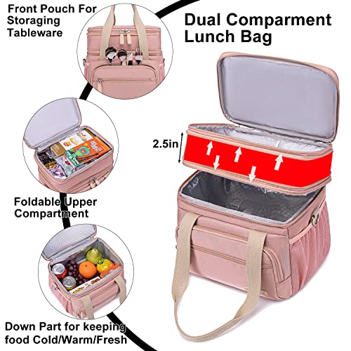 Weitars Lunch Bag for Women, Loncheras Para Mujer, Leakproof Insulated Large Lunchbox Dual Compartment Lunch Box Adult For Work Beach Picnic Hiking (15L) (Pink)