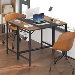 HOOBRO Computer Desk, Home Office Desk with Power Outlet, Modern Study Writing Desk with 4 Hooks for Study Room, Home Office, Sturdy and Stable, Easy to Assemble, Rustic Brown and Black BF40UDN01