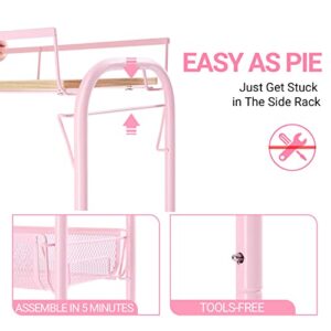 KINGRACK 4-Tier Slim Rolling Cart with Wooden Tabletop, Easy Assemble Metal Utility Cart, Slide Out Narrow Storage Cart for Narrow Space on Bedroom Bathroom Laundry Room Apartments Dormitory,Pink