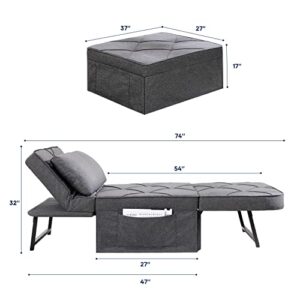 Vonanda Sofa Bed Plus, Convertible Chair 5 in 1 Multi-Function Folding Ottoman Modern Curved Linen Guest Bed with Lock-in Feature for Apartment, Classic Dark Gray