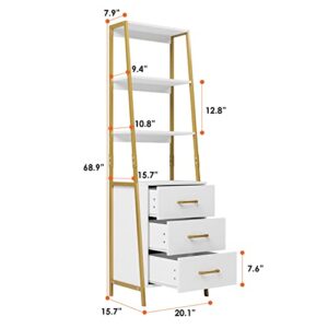 HITHOS 4-Tier Bookshelf, Tall Bookcase with 3 Wooden Drawers, Modern Ladder Book Shlef Storage Organizer for Living Room, Entryway, Office, White Gold