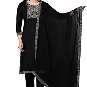 COTTON HTHRANG Indian Women's Tunic Tops Straight Rayon Black Kurtis Pant Sets W Chiffon Dupatta/A-Line Kurti Tunics