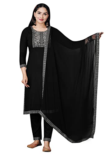 COTTON HTHRANG Indian Women's Tunic Tops Straight Rayon Black Kurtis Pant Sets W Chiffon Dupatta/A-Line Kurti Tunics