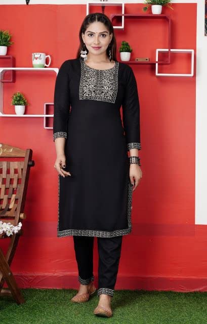 COTTON HTHRANG Indian Women's Tunic Tops Straight Rayon Black Kurtis Pant Sets W Chiffon Dupatta/A-Line Kurti Tunics