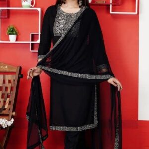 COTTON HTHRANG Indian Women's Tunic Tops Straight Rayon Black Kurtis Pant Sets W Chiffon Dupatta/A-Line Kurti Tunics